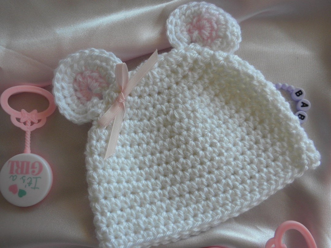 White Crocheted Mouse Hat, Crocheted Baby Hat, Baby Girl Mouse Hat ...