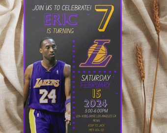 Editable Lakers Kobe Bryant Black Mamba Basketball Birthday Invitation ...