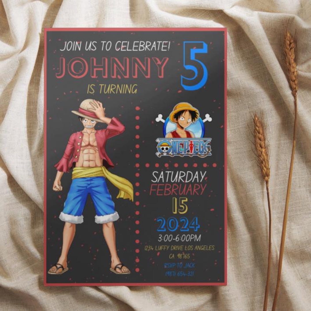 Customizable Birthday Card Invitation One Piece Luffy Pirate Red Blue ...