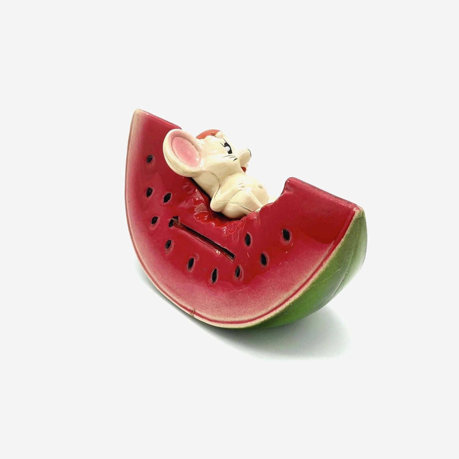 Vintage Kitsch White Mouse on Watermelon Slice Coin Bank Plastic Fruit ...