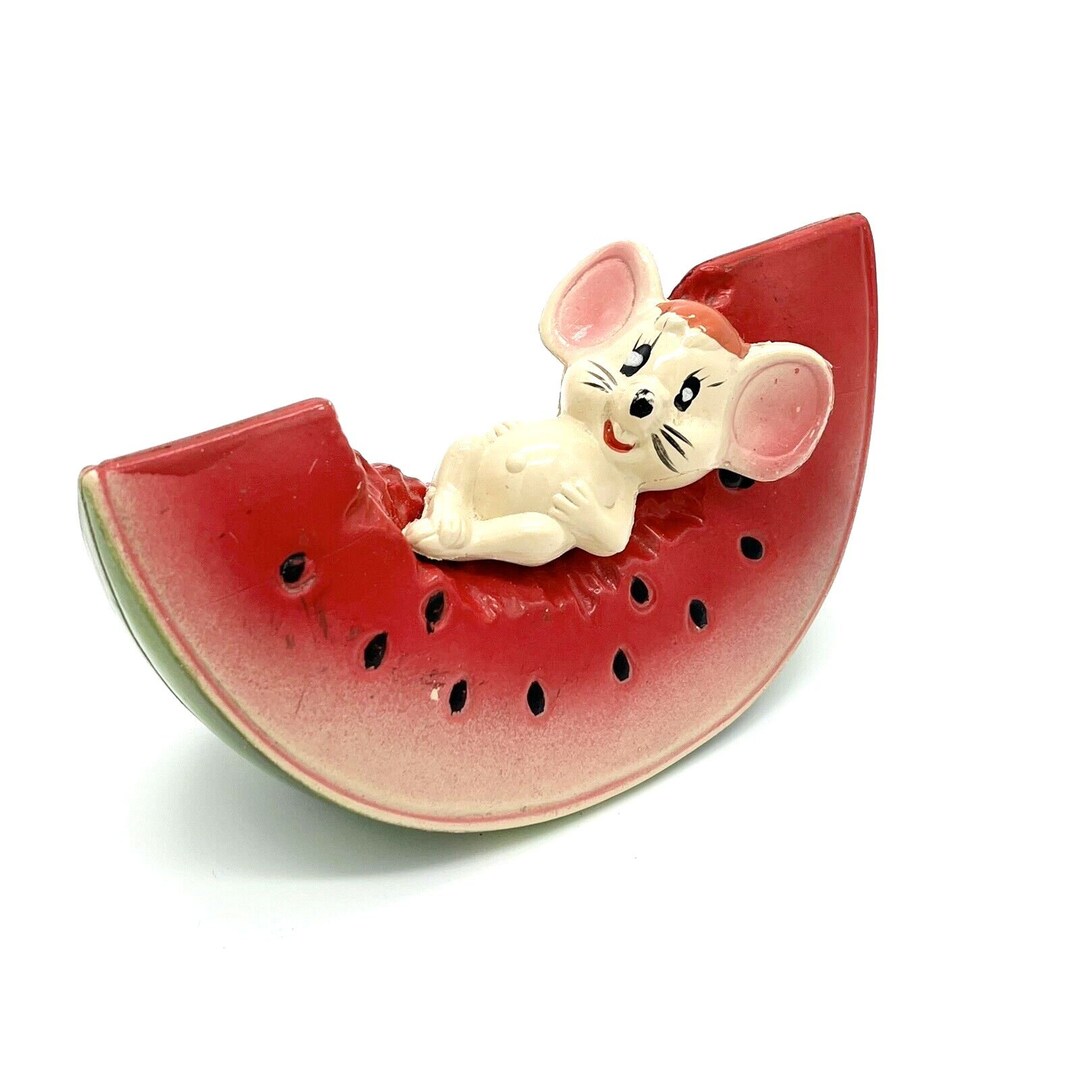Vintage Kitsch White Mouse on Watermelon Slice Coin Bank Plastic Fruit ...