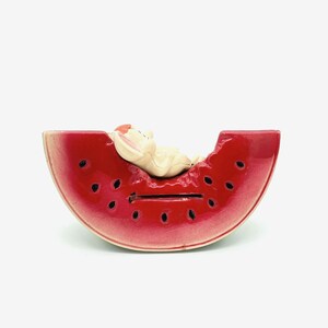 Vintage Kitsch White Mouse on Watermelon Slice Coin Bank Plastic Fruit ...