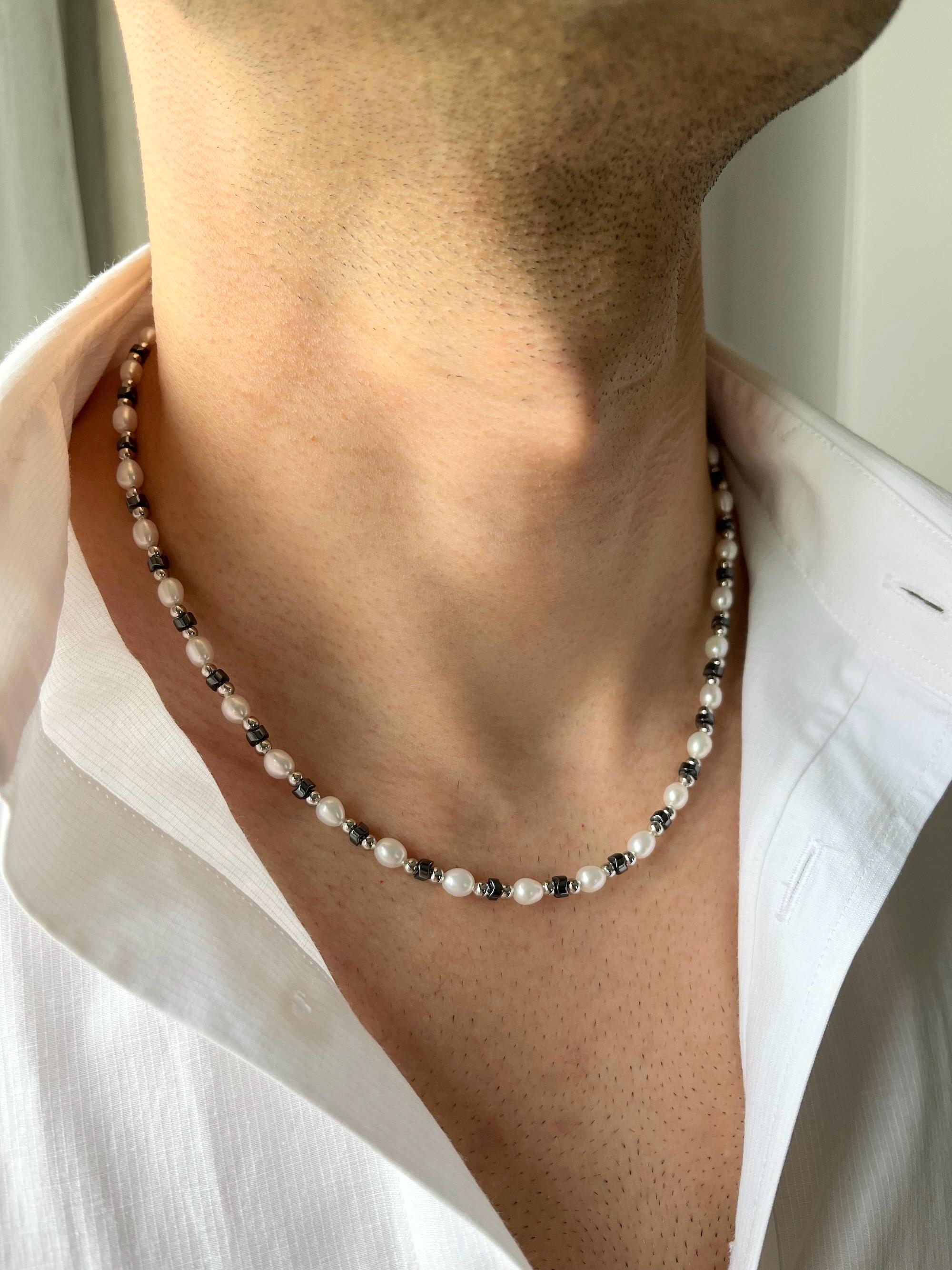 Mens Pearl Necklace With Hematite, Pearl Necklace Men, Real Pearl ...