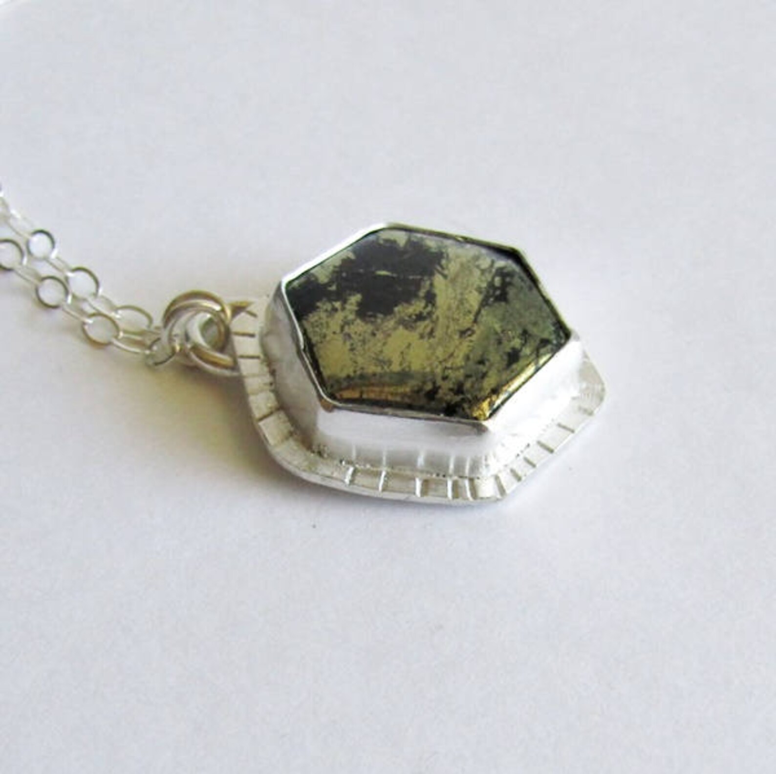 Hexagon Pyrite Necklace - Pyrite in Chalcedony - Fool's Gold Necklace ...