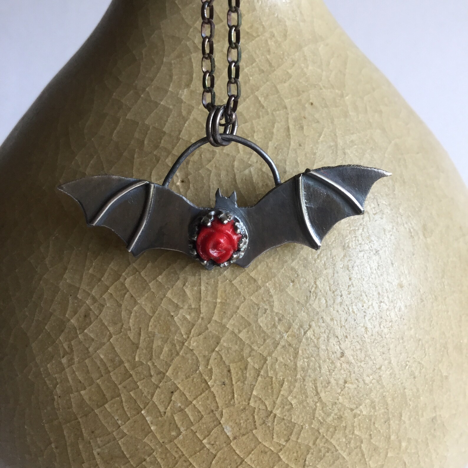 Bat Necklace With Red Rose Halloween Jewelry - Etsy