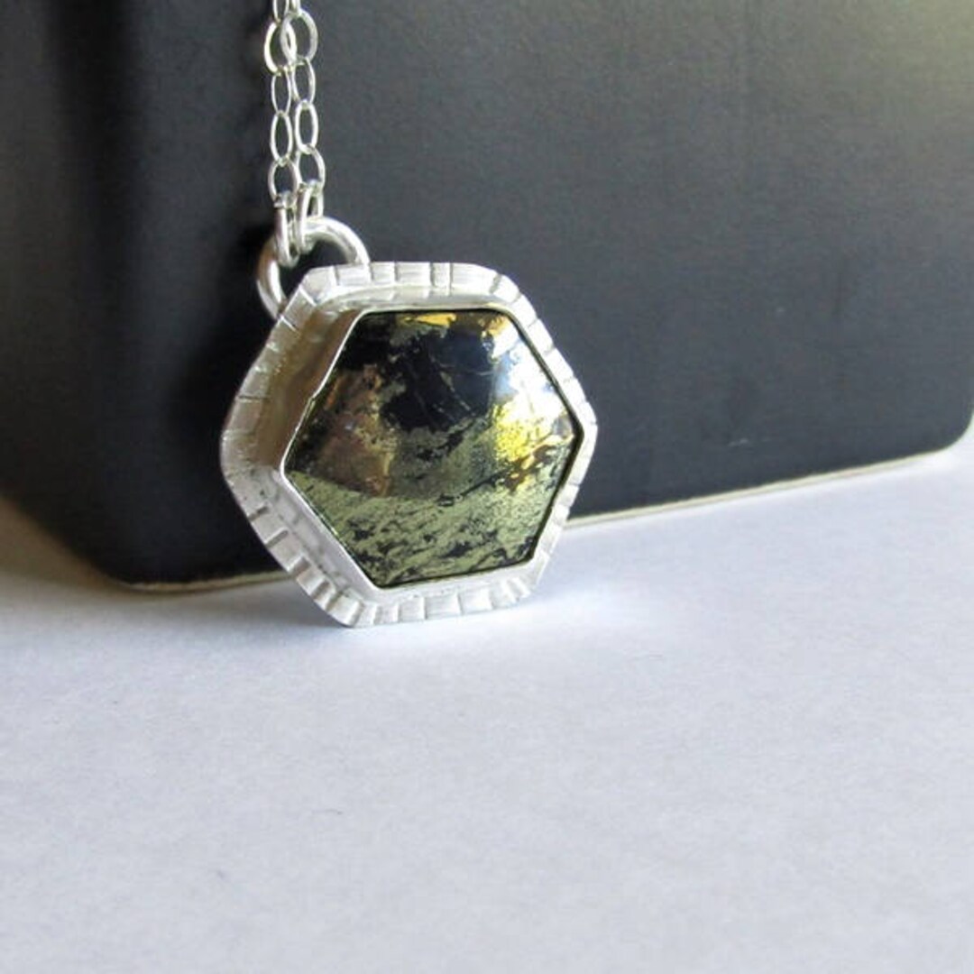 Hexagon Pyrite Necklace - Pyrite in Chalcedony - Fool's Gold Necklace ...