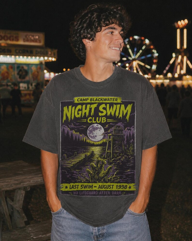 Camp Blackwater Night Swim Club Horror Tee, Retro Slasher Graphic ...