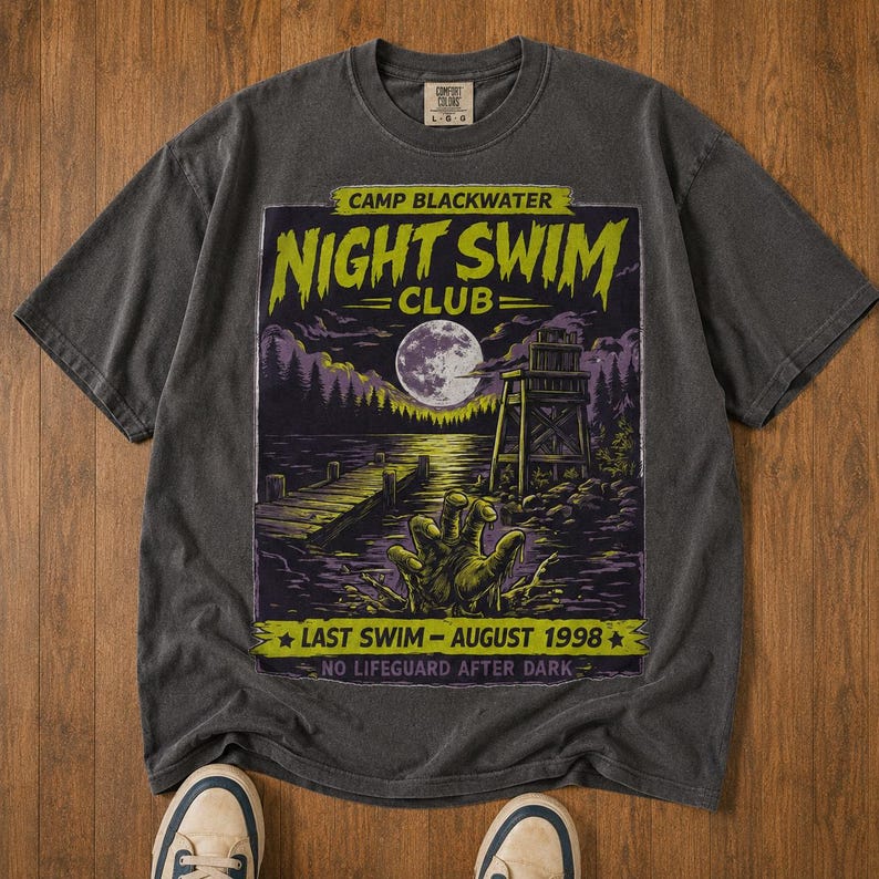 Camp Blackwater Night Swim Club Horror Tee, Retro Slasher Graphic ...