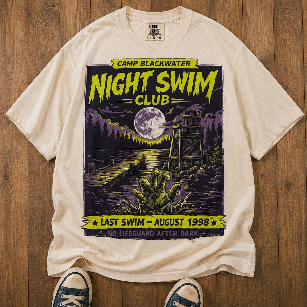 Camp Blackwater Night Swim Club Horror Tee, Retro Slasher Graphic ...