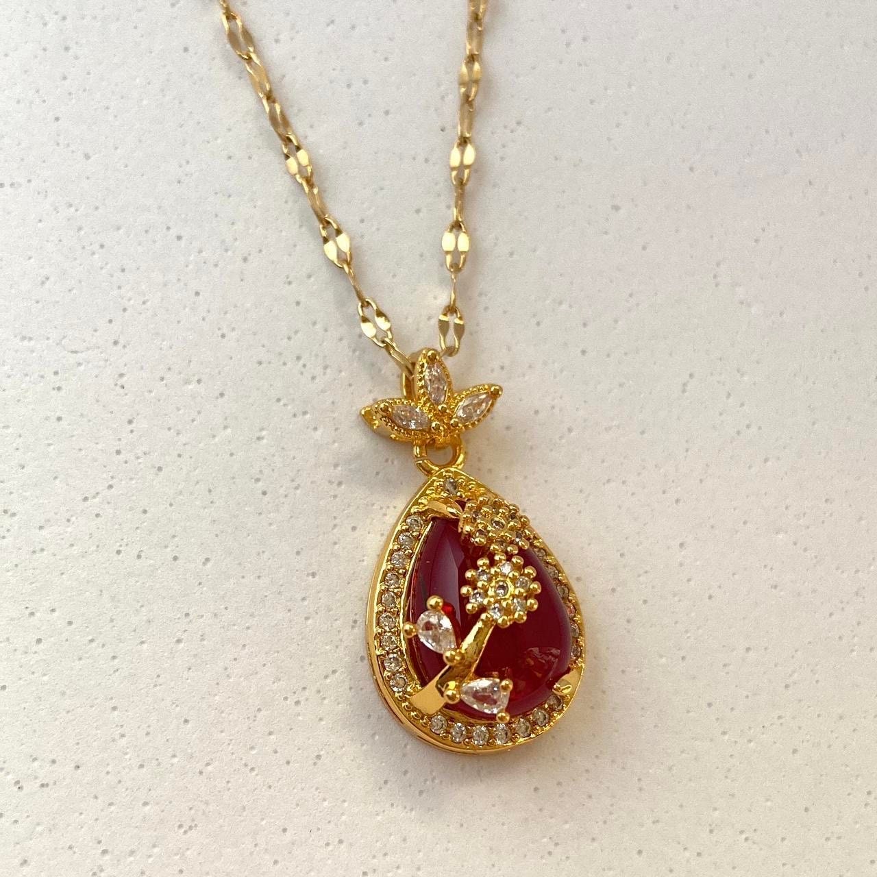 Gold Plated Red Crystal Flower Pendant Necklace for Women - Etsy