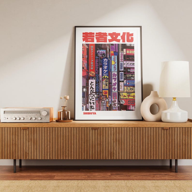 Shibuya Neon Lights Digital Wall Art - Japanese Cityscape Poster ...