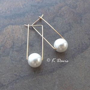 Gold Filled Rectangle Modern Hoop Earrings, White Austrian Glass Pearl ...