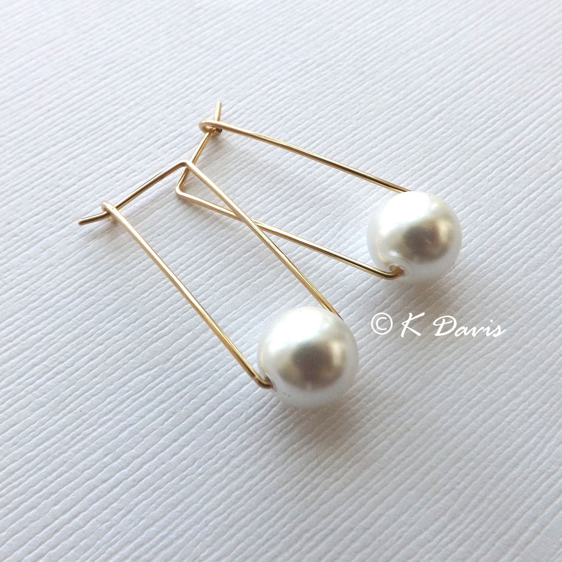 Gold Filled Rectangle Modern Hoop Earrings, White Austrian Glass Pearl ...
