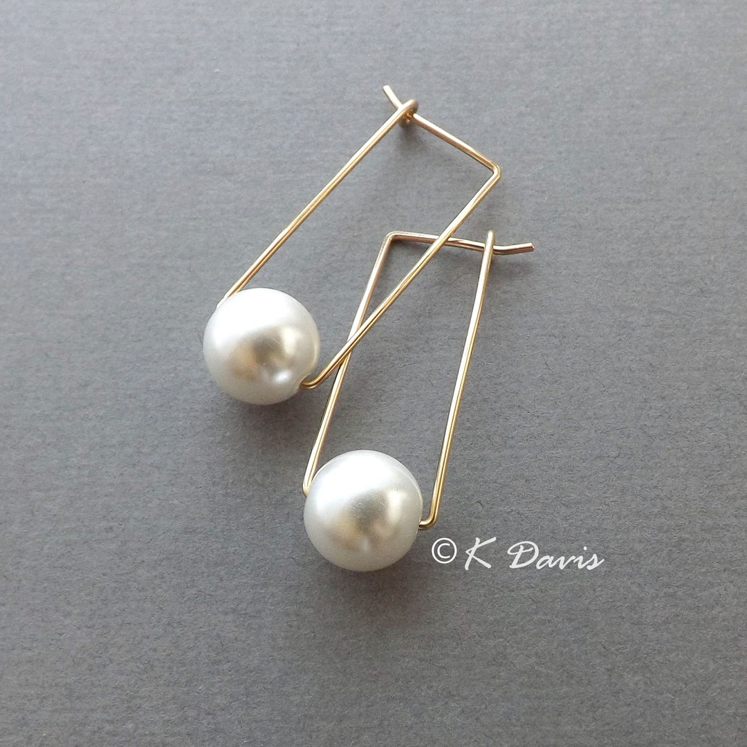Gold Filled Rectangle Modern Hoop Earrings, White Austrian Glass Pearl ...