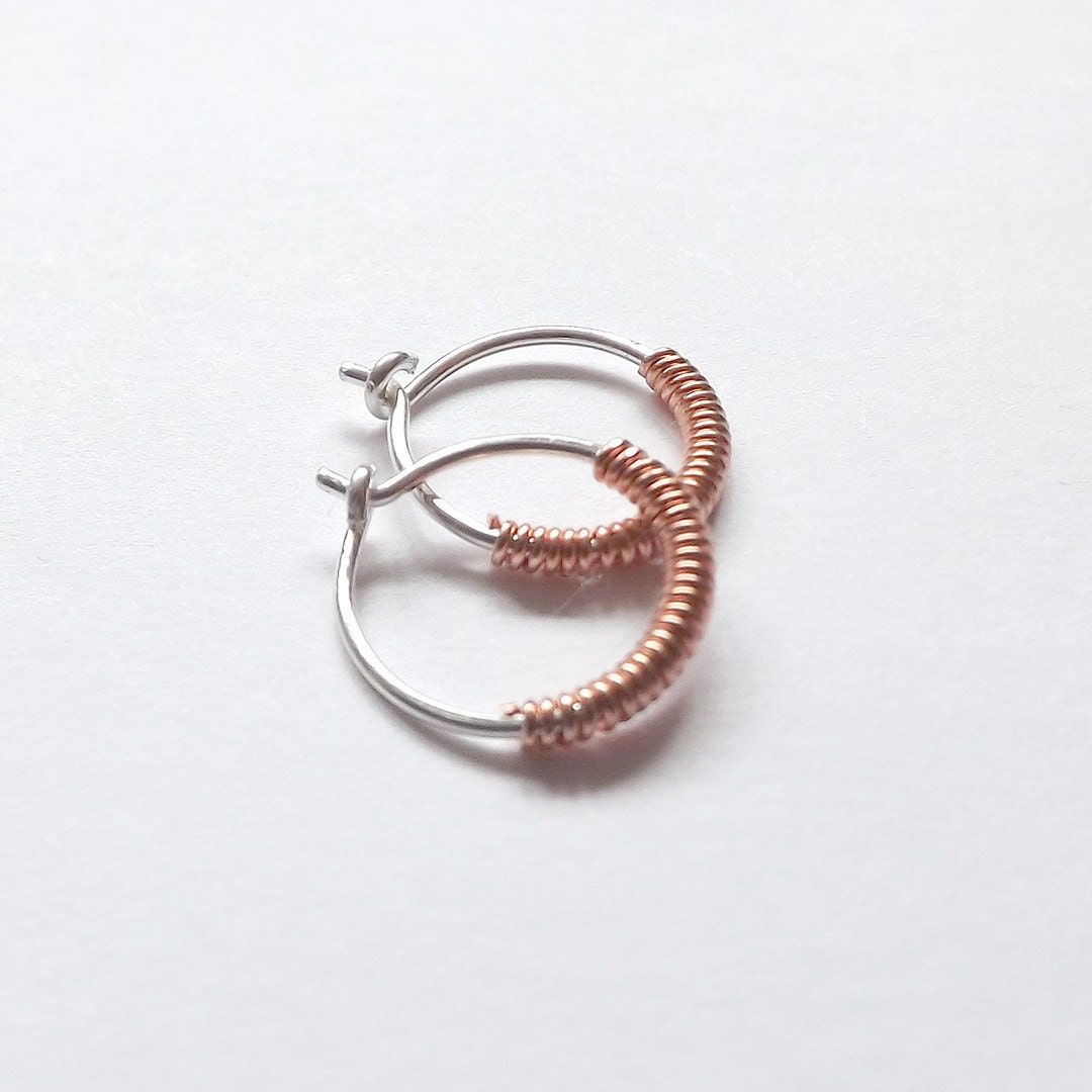 Sterling Silver Hoop Earrings, Copper Wrapped, Mixed Metal, Huggie ...