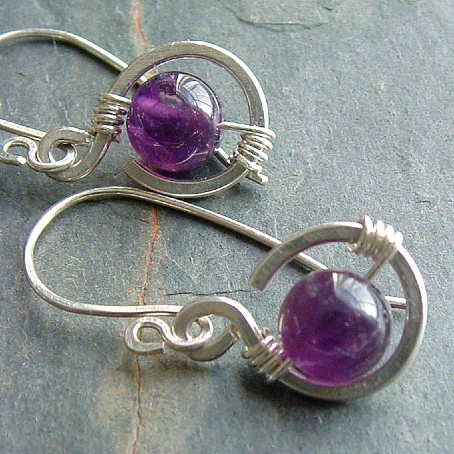 Amethyst Earrings Silver Wire Wrap Small Dangle Coils Sterling - Etsy