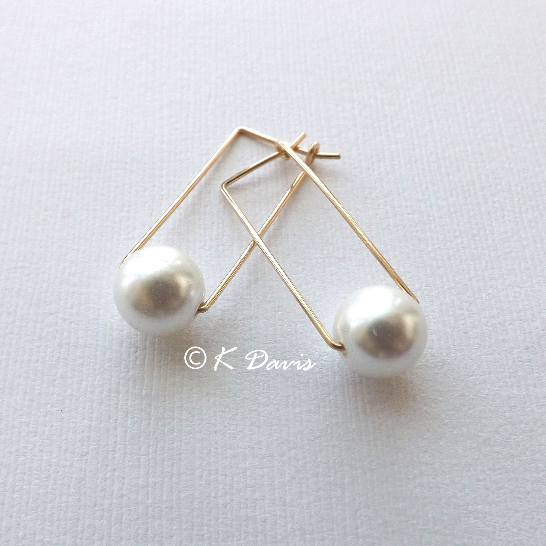 Gold Filled Rectangle Modern Hoop Earrings, White Austrian Glass Pearl ...