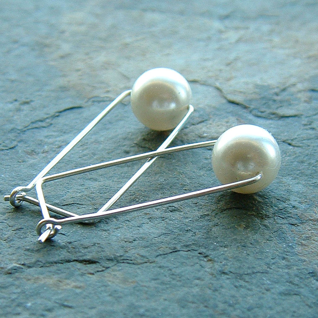 Pearl Hoop Earrings, Silver Square Hoop Modern Hoop Earring Rectangle ...