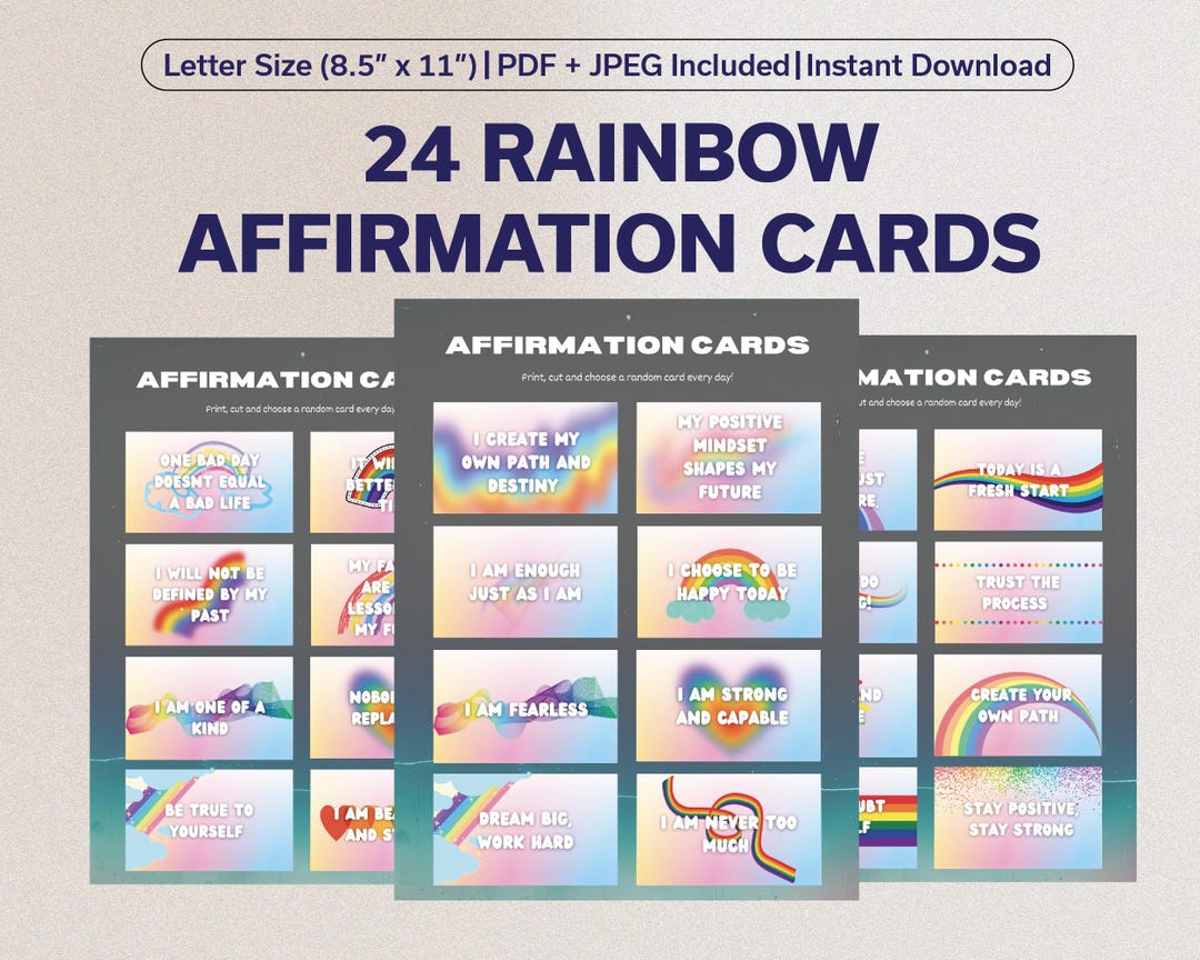 24 Rainbow Affirmation Cards | Letter Size 8.5"x11" | Printable PDF ...