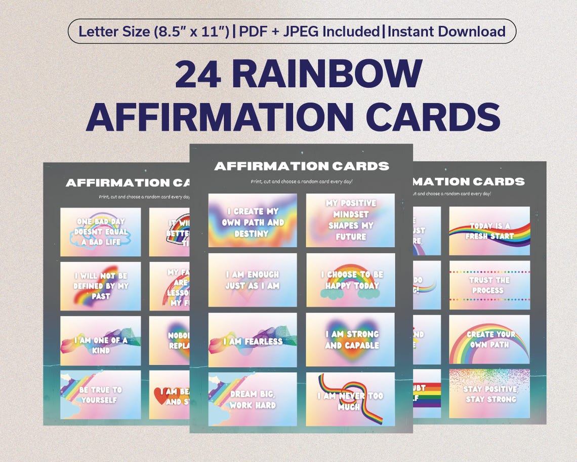 24 Rainbow Affirmation Cards | Letter Size 8.5"x11" | Printable PDF ...