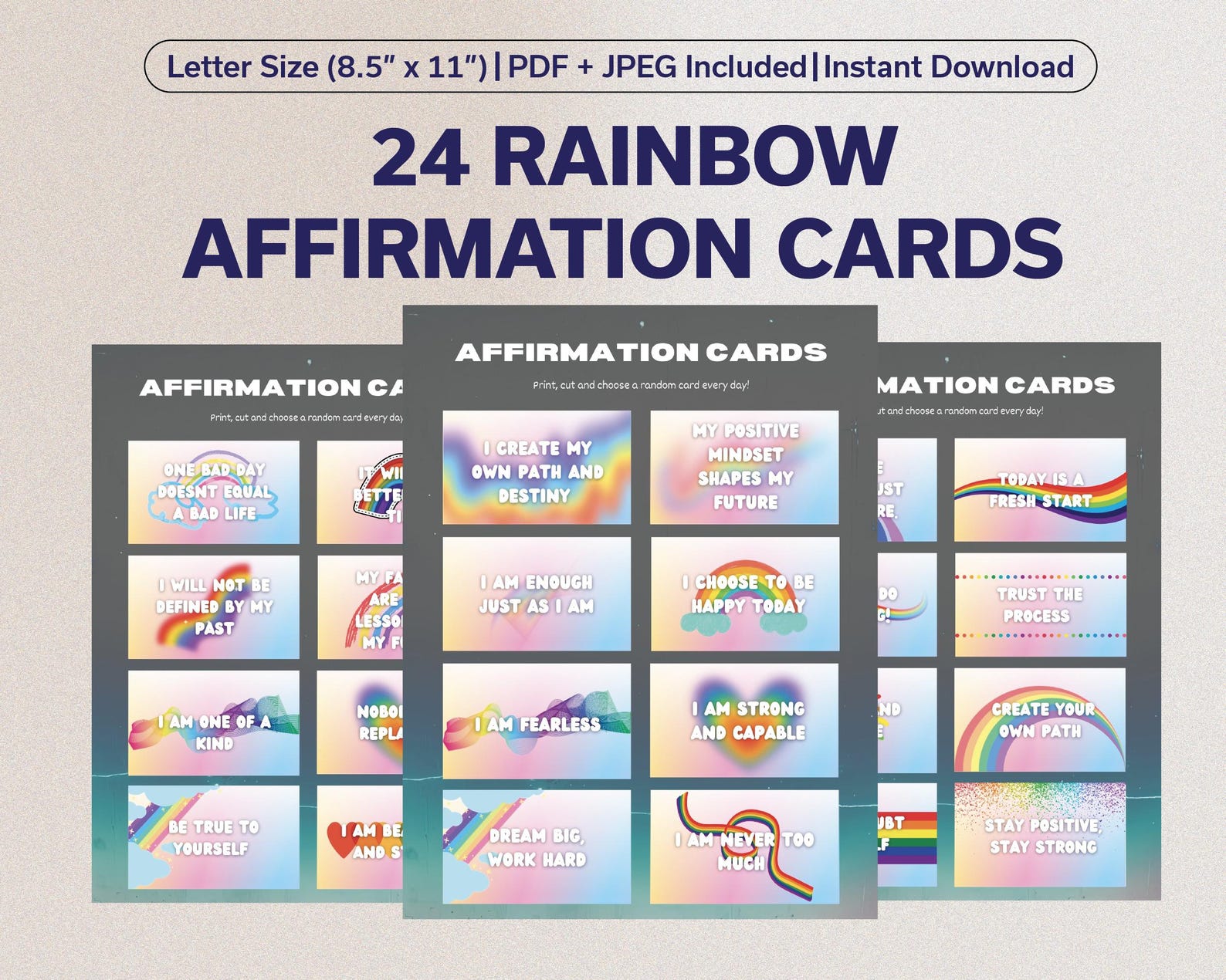 24 Rainbow Affirmation Cards | Letter Size 8.5"x11" | Printable PDF ...