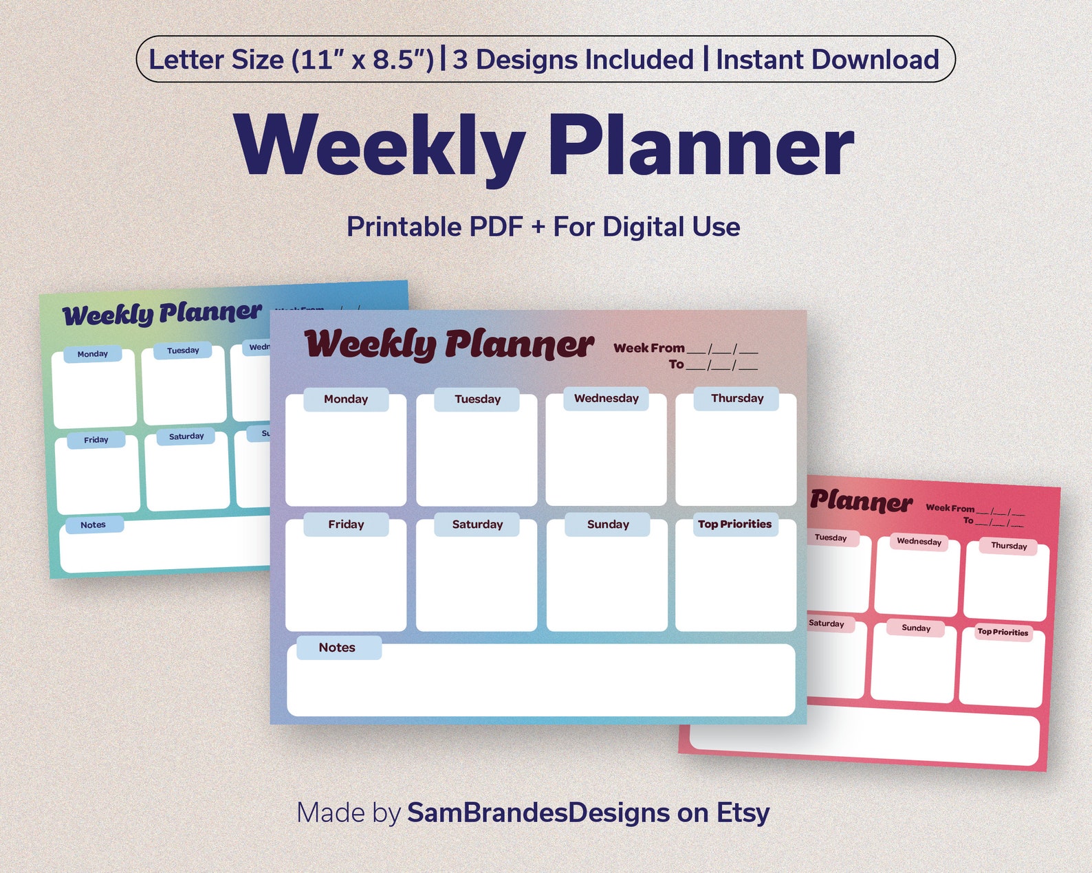 Weekly Planner Printable: 3 Designs, Letter Size (digital Download) - Etsy