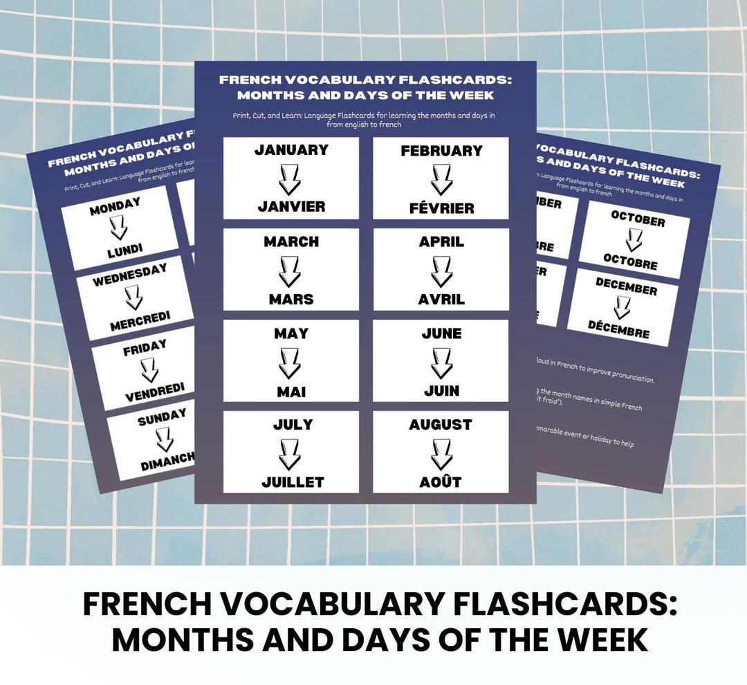 French Days & Months Flashcards - English to French Translation ...
