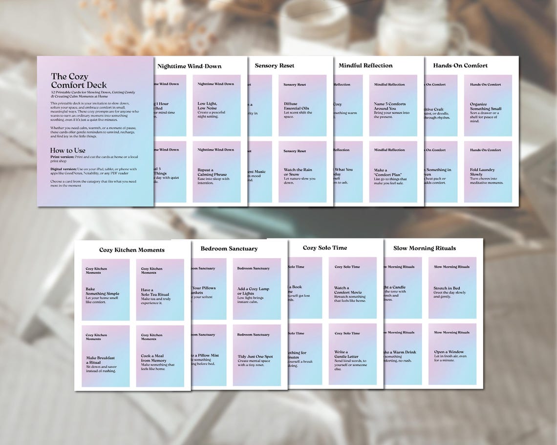 Cozy Comfort Card Deck: 32 Printable Prompts for Self-care (PDF & JPEG ...