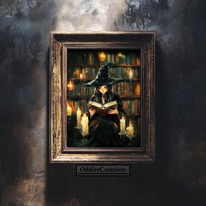 Witch in Library Reading a Spell Book | Digital Download Art ...