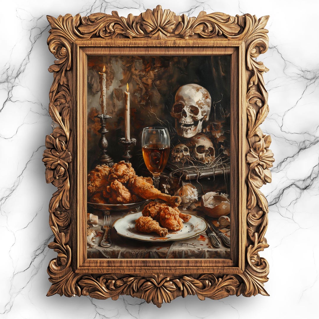 Spooky Fried Chicken Oil Painting - Haunted Kitchen Wall Art - Eerie ...