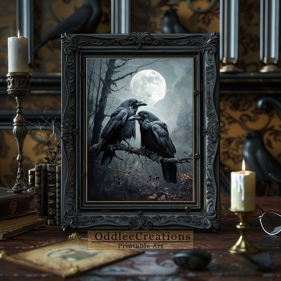 Moonlit Crows Digital Poster Gothic Bird Art Print for Living Room or ...