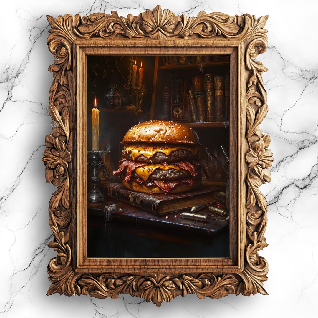 Dark Academia Gothic Cheeseburger Portrait - Double Bacon Burger ...