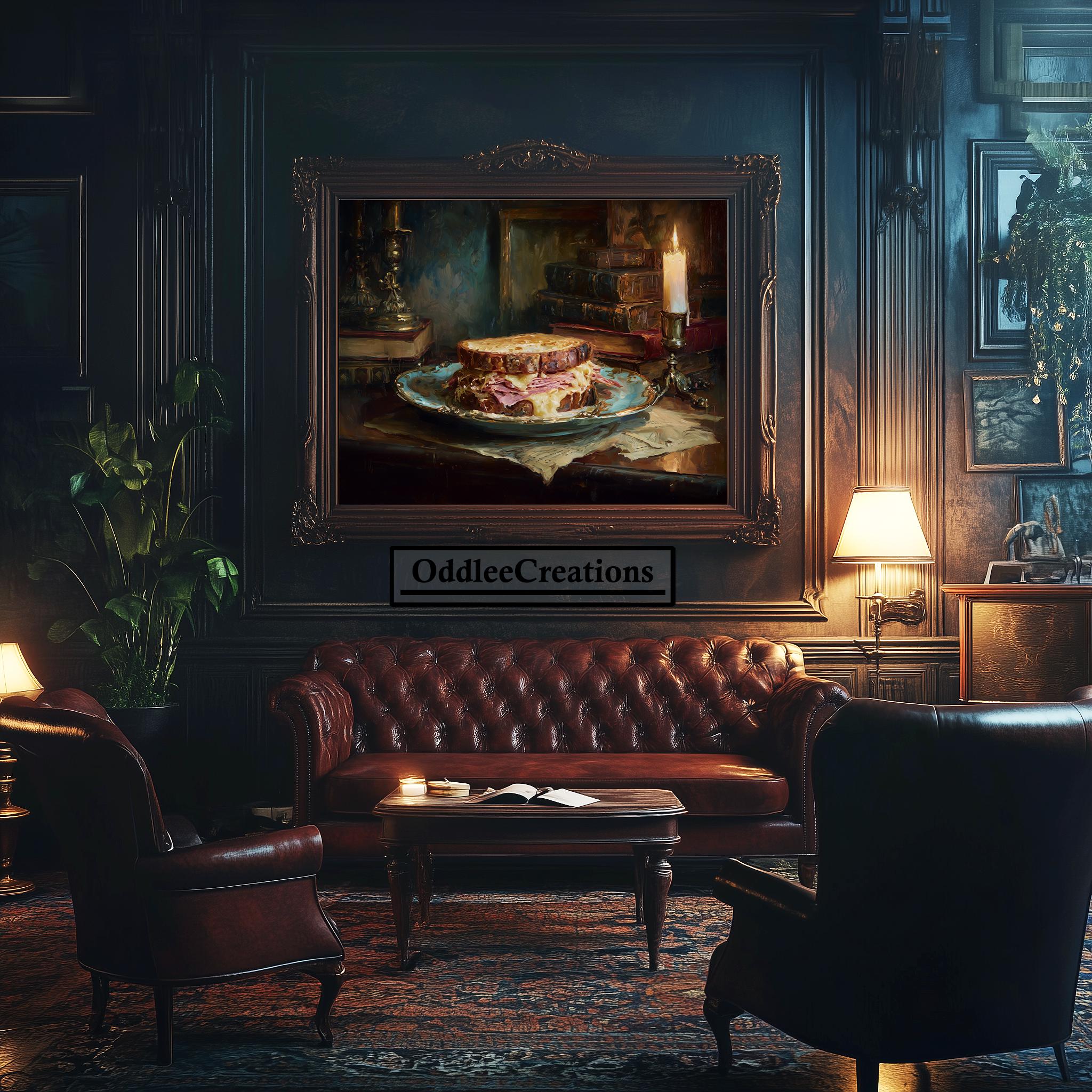 Reuben Sandwich Kitchen Wall Art Printable Oil Painting Style Dark ...