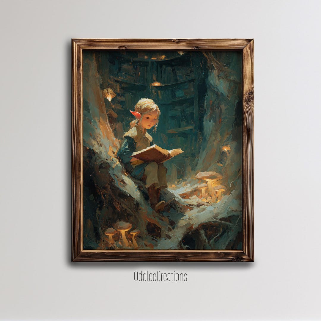Elf Magical Library Artwork Printable Oil Painting Enchanted Forest ...