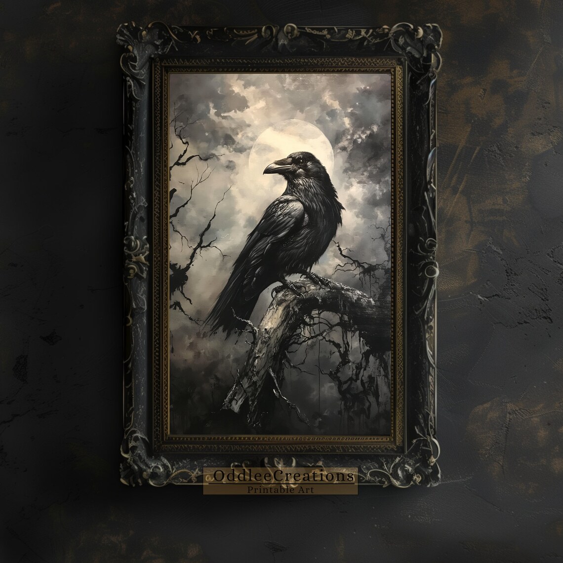 Moonlit Crow Scene - Digital Oil Painting for Unique Gothic Wall Decor ...