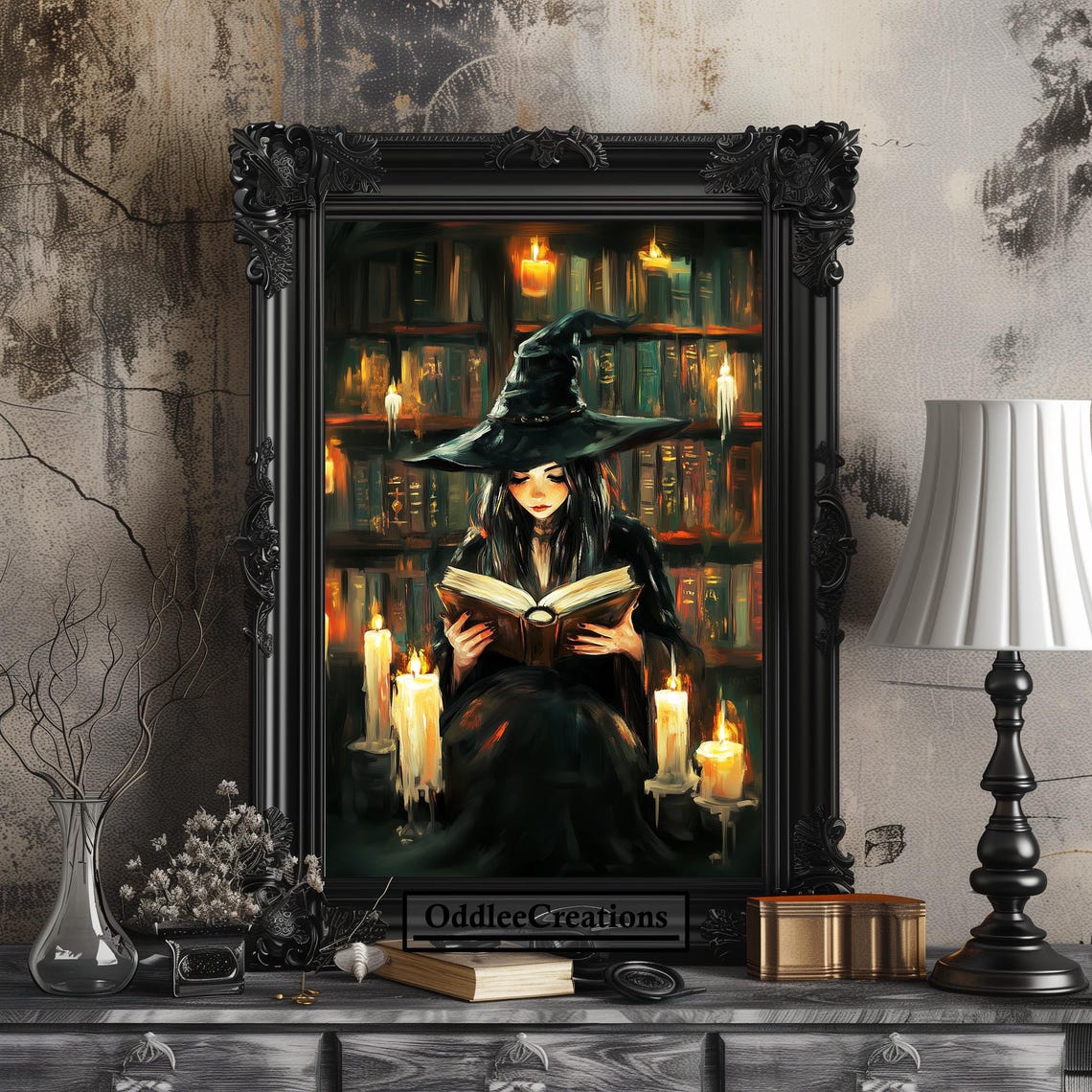 Witch in Library Reading a Spell Book | Digital Download Art ...