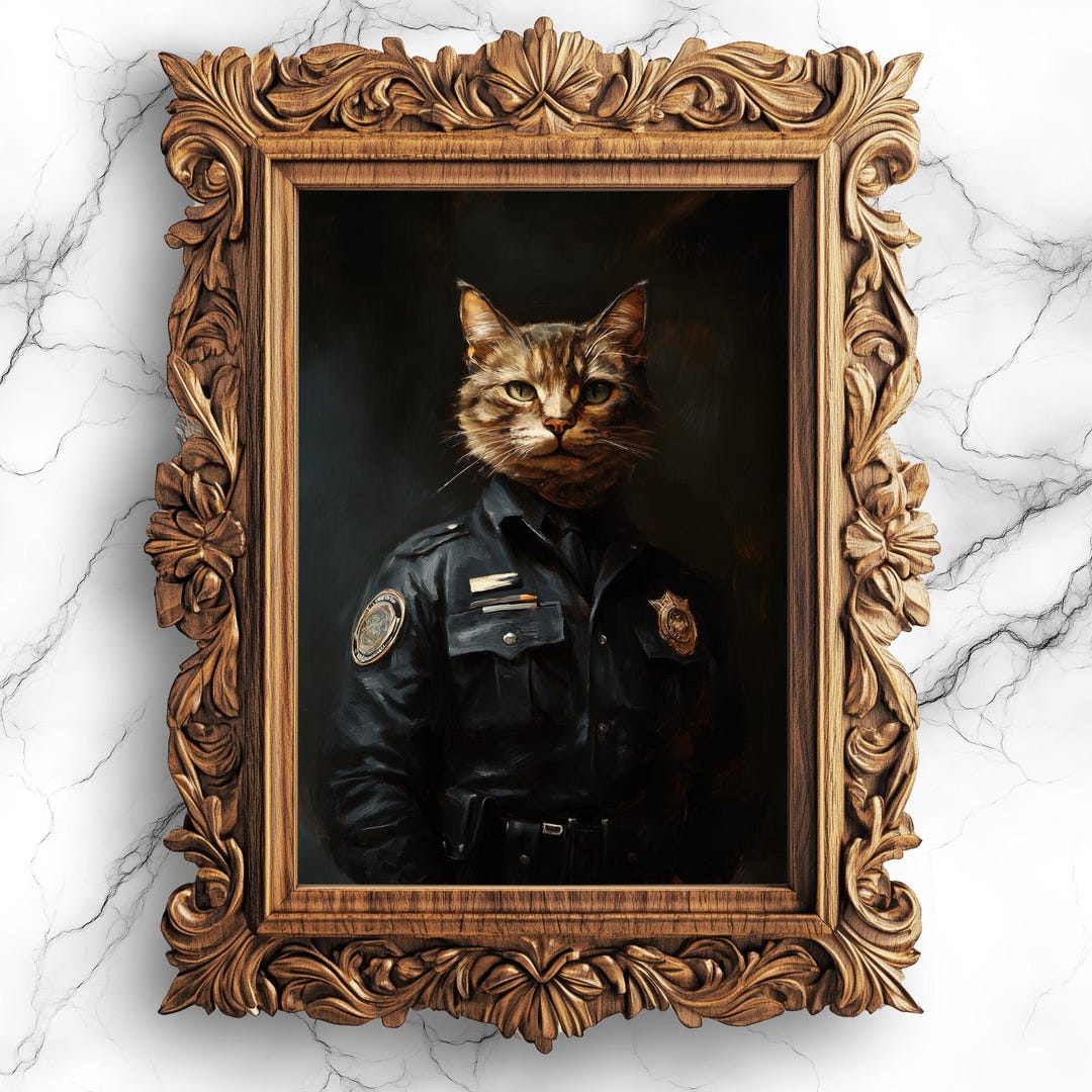 Digital Oil Painting Poster of Police Officer With Cat Head - Whimsical ...