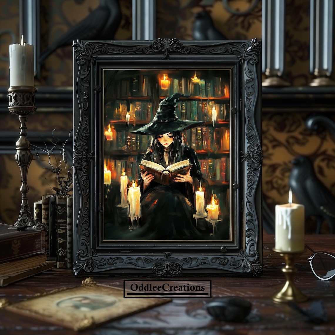 Witch in Library Reading a Spell Book | Digital Download Art ...