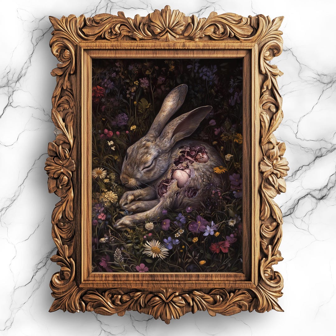 Gothic Decomposing Rabbit Digital Art Print | Surreal Bunny on Flowers ...