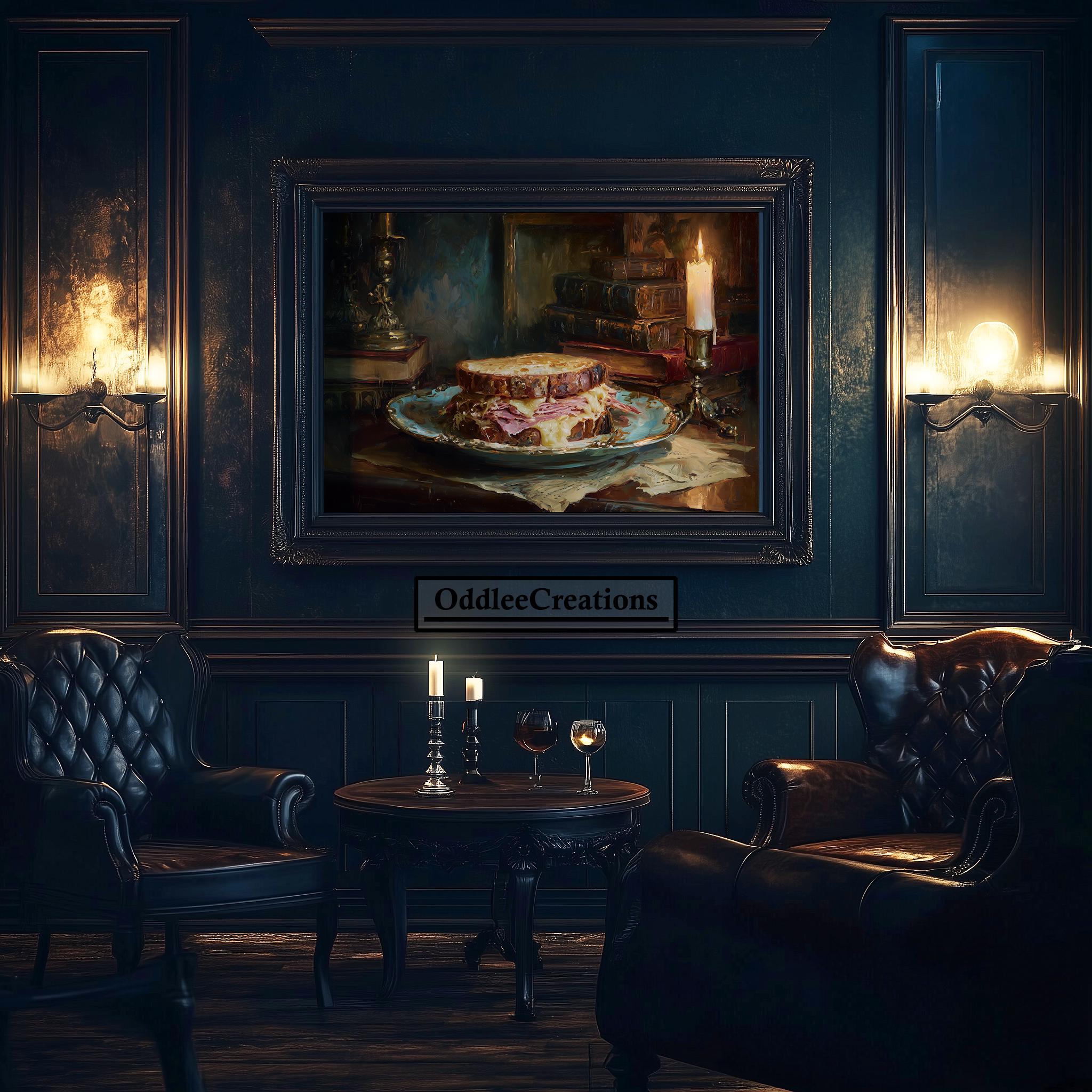 Reuben Sandwich Kitchen Wall Art Printable Oil Painting Style Dark ...