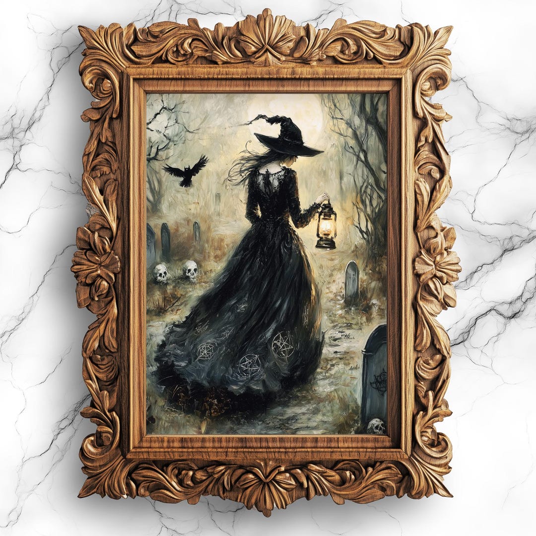 Witch Walking in Graveyard With Lantern Digital Art Gothic Witchy Wall ...