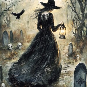 Witch Walking in Graveyard With Lantern Digital Art Gothic Witchy Wall ...