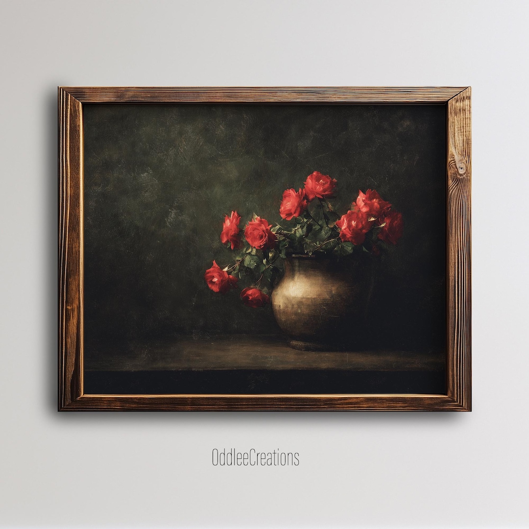 Red Roses Antique Dark Floral Wall Art Printable Vintage Oil Painting ...