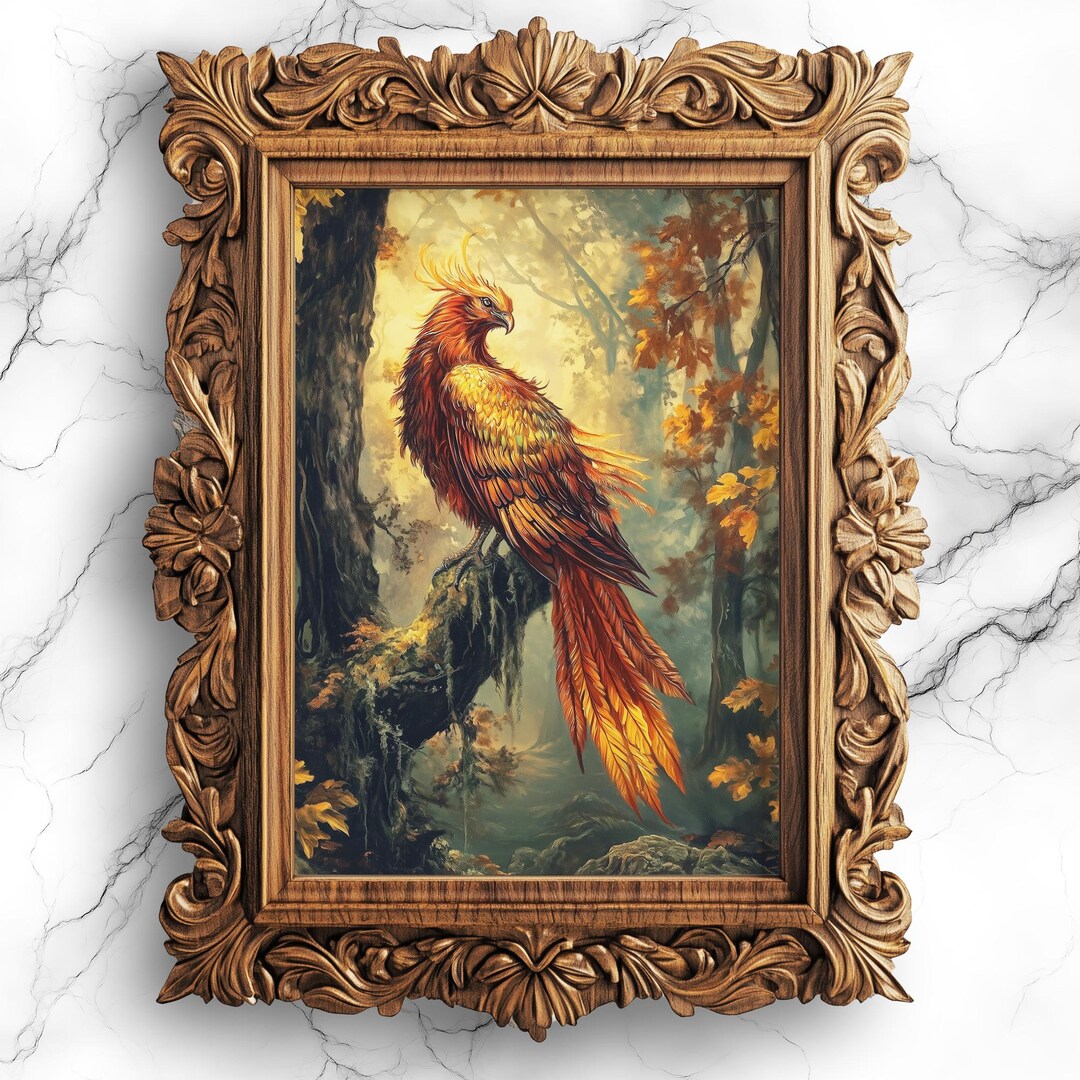 Gothic Dark Academia Phoenix in Enchanted Forest Printable Art Fall Oil ...