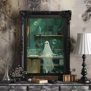 Ghost Washing Dishes Oil Painting - Digital Wall Art - Halloween Ghost ...