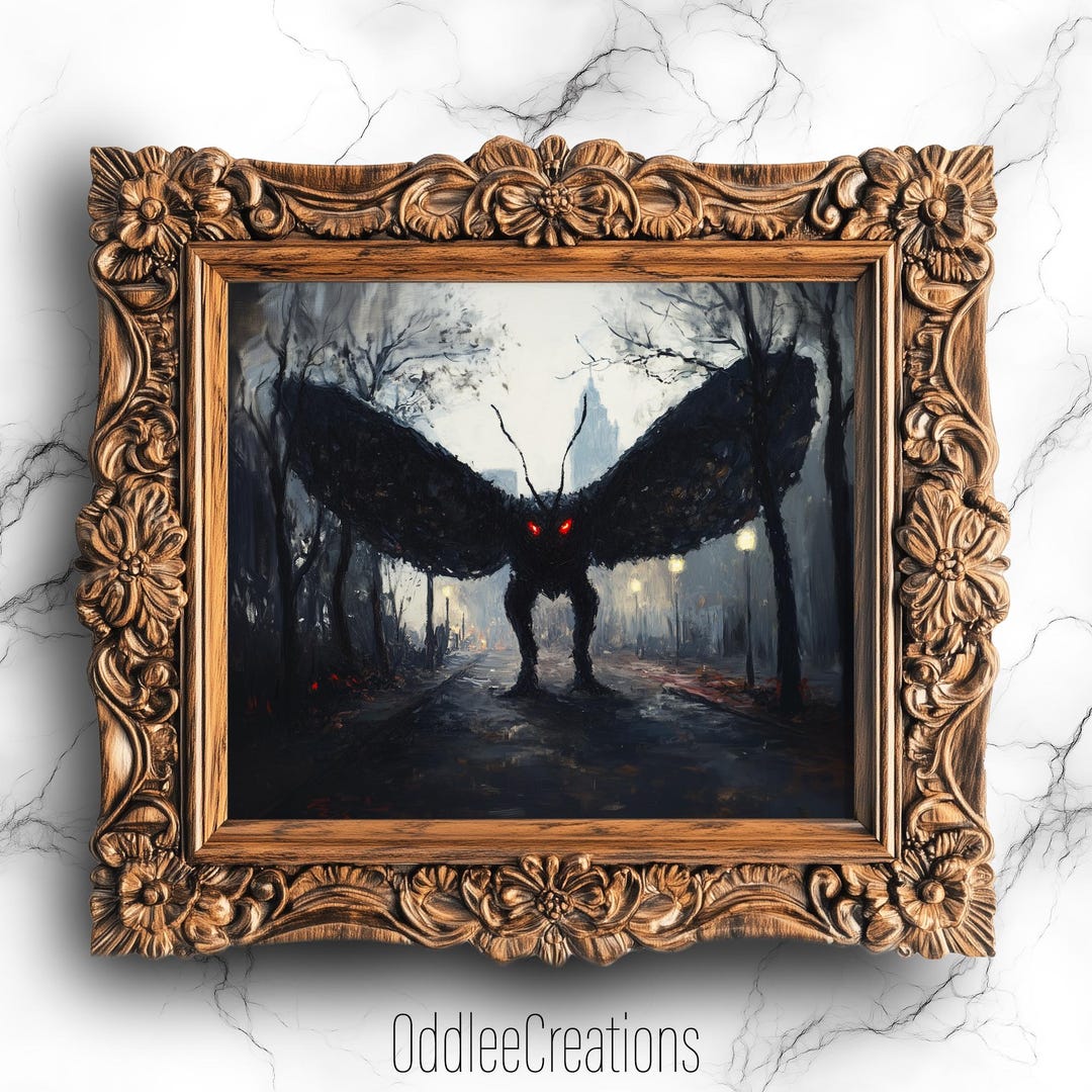 Mothman Cryptid Art Printable - Eerie Dark City Night, Spooky Oil Painting Digital Download ...