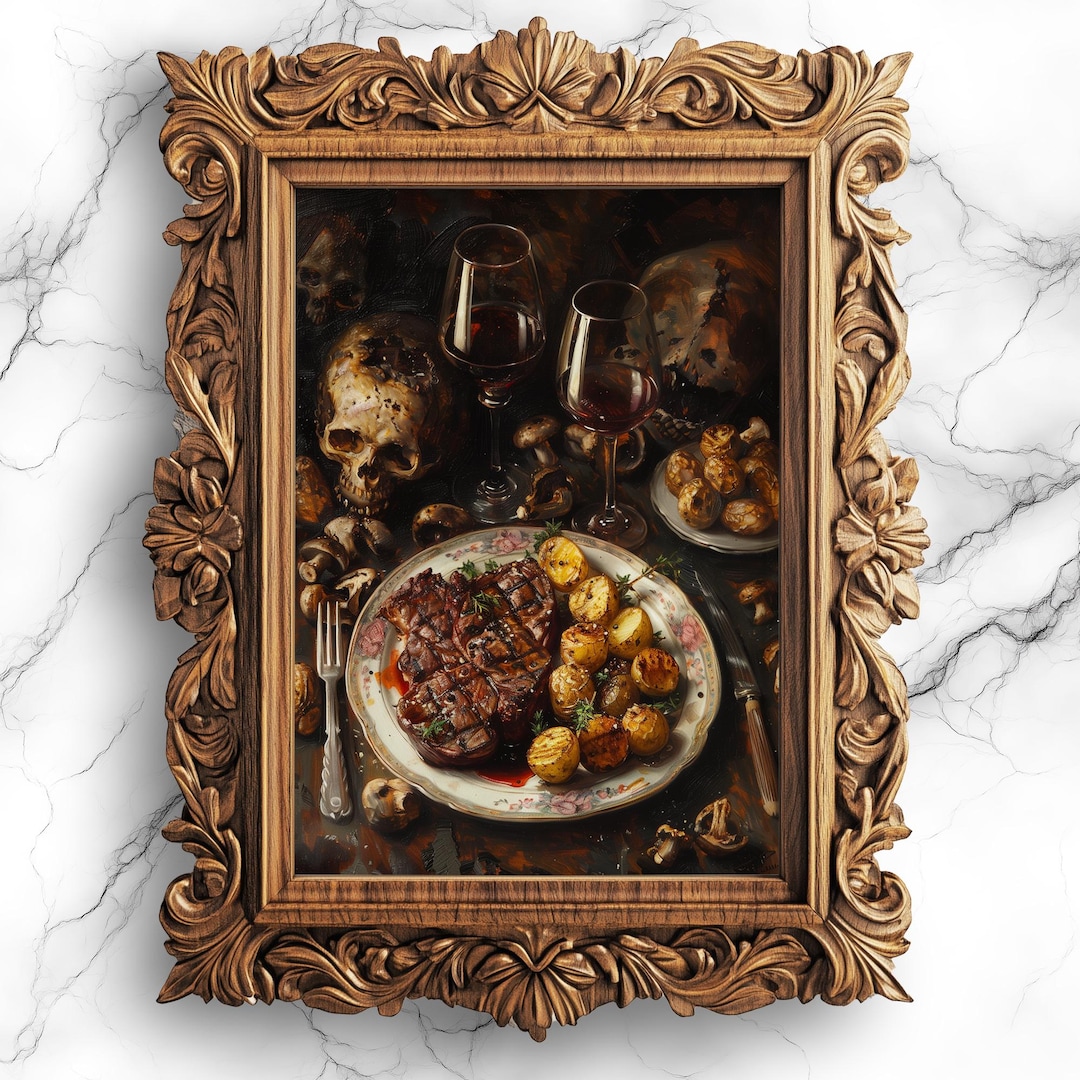 Eerie Steak and Potatoes Oil Painting - Spooky Room Art - Creepy Food ...