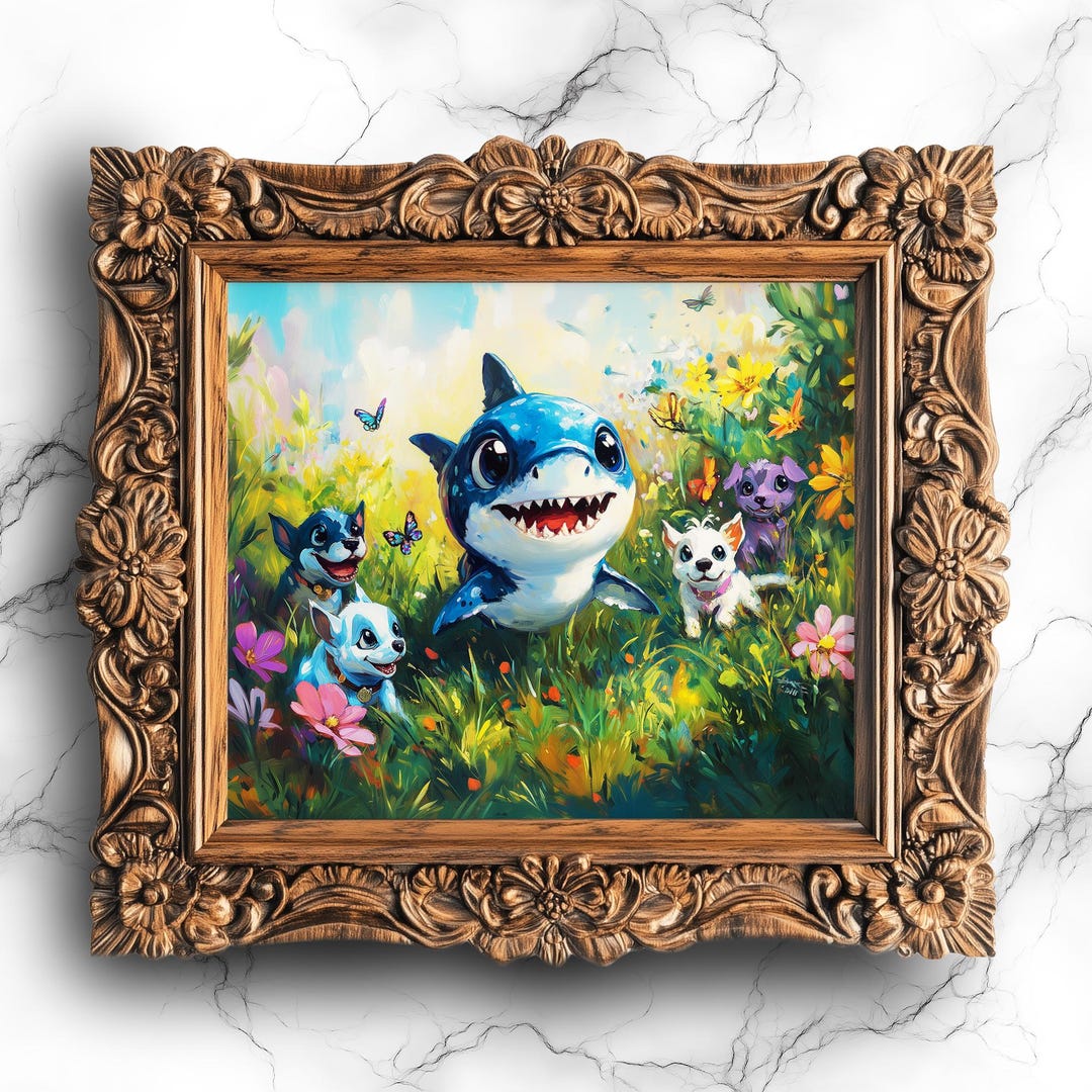 Playful Blue Shark & Puppies Fantasy Art Print - Whimsigoth Nursery ...