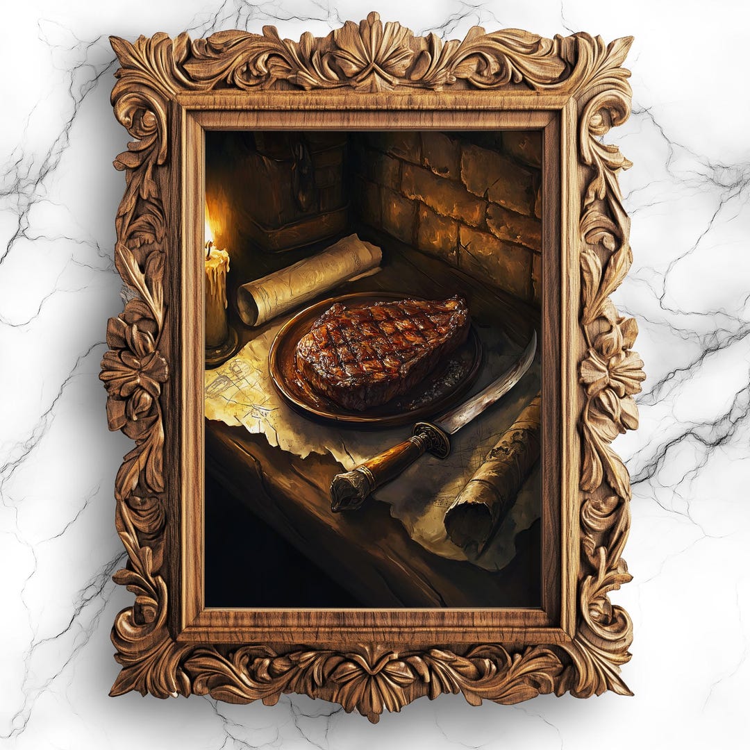 Barbarian Feast Oil Painting Printable - Grilled Steak Dark Academia ...
