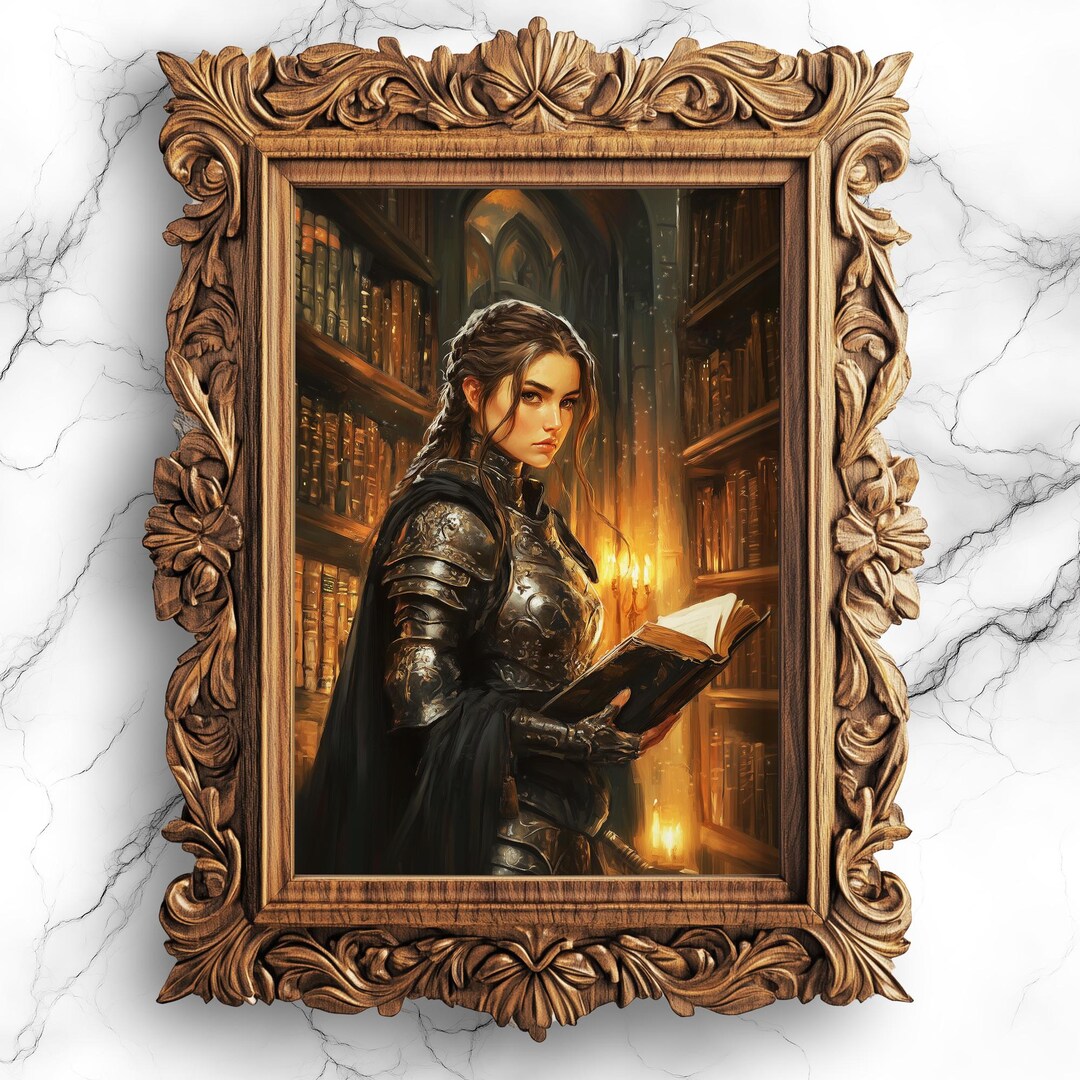Magical Female Knight Library Wall Art - Dark Academia Printable Oil ...